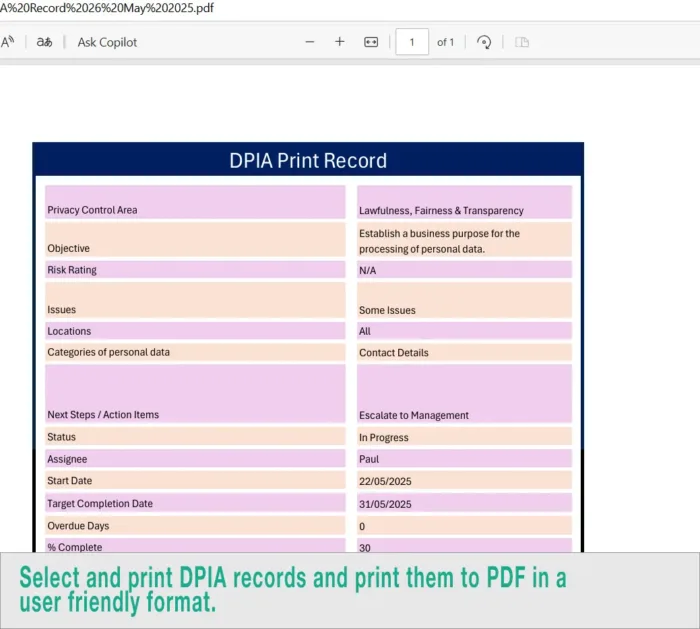 DPIA MS-Excel Management Tool - Privacy Impact Assessment Template