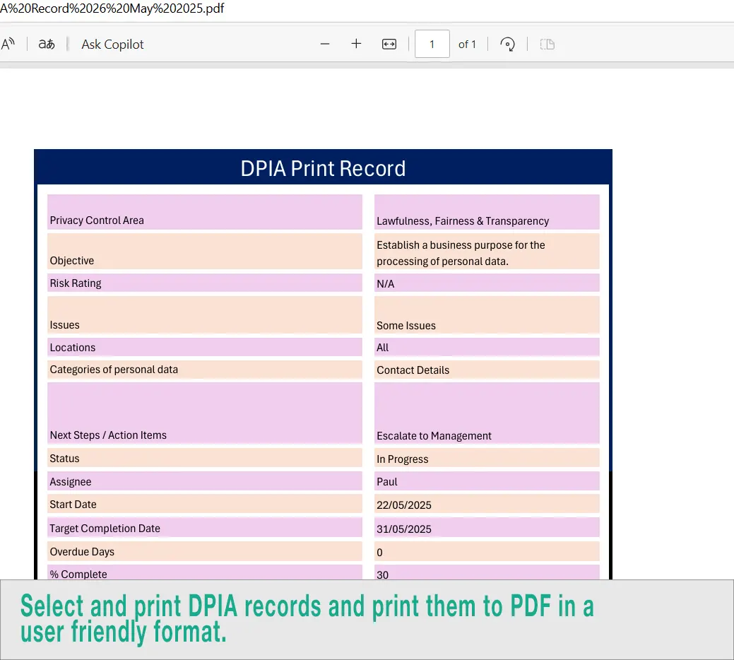 DPIA MS-Excel Management Tool - Privacy Impact Assessment Template