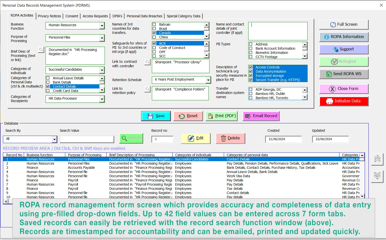 ROPA / PII Personal Data Records - Controller Template