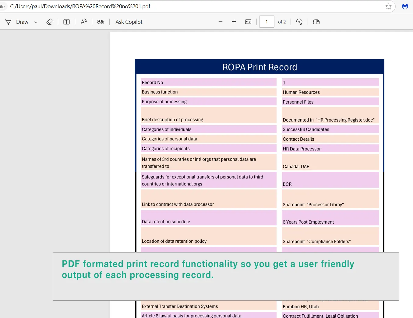 ROPA / PII Personal Data Records - Controller Template